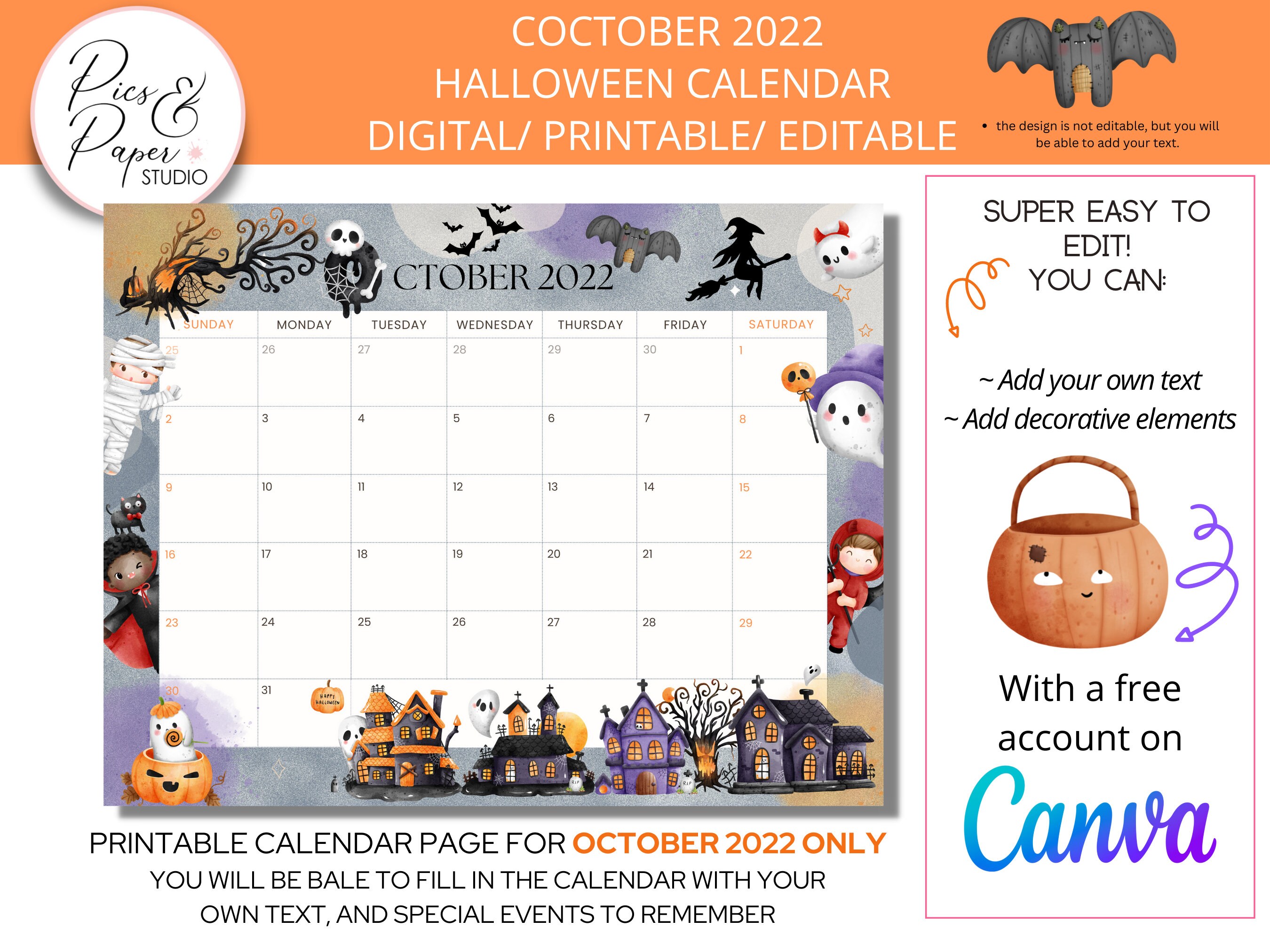 Halloween October 2022 Calendar Printable