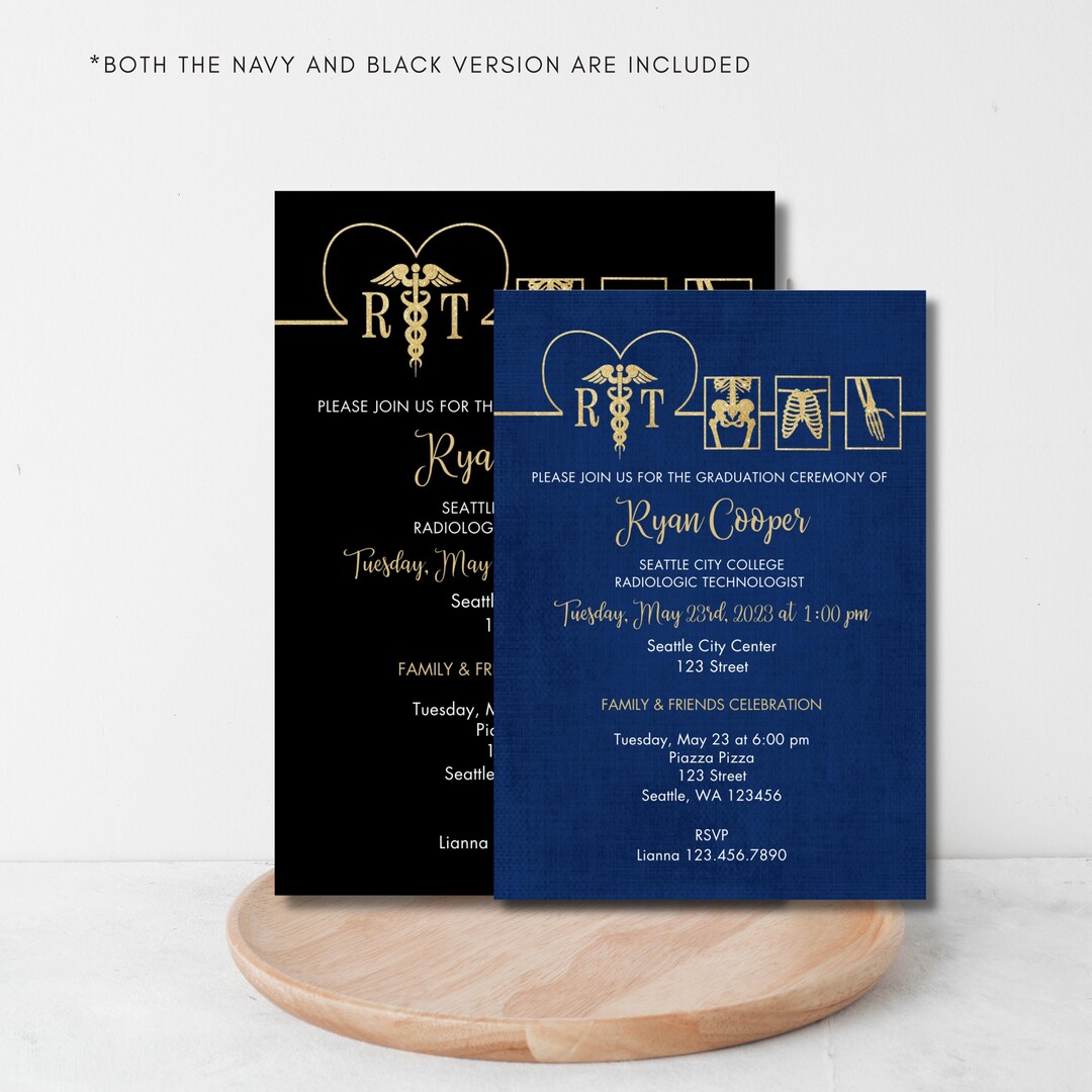 Radiologic Technologist Graduation Invitation, RT, Navy and Gold, Black ...