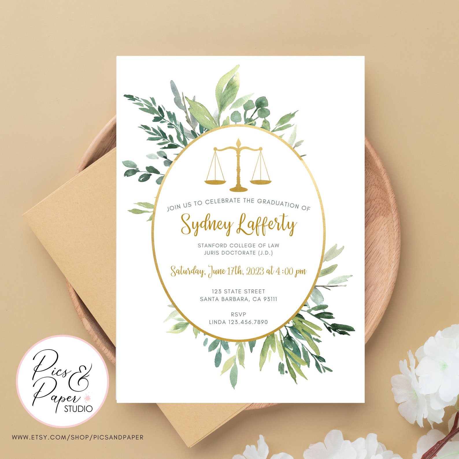 Law School Graduation Ceremony Announcement Invitation Watercolor ...