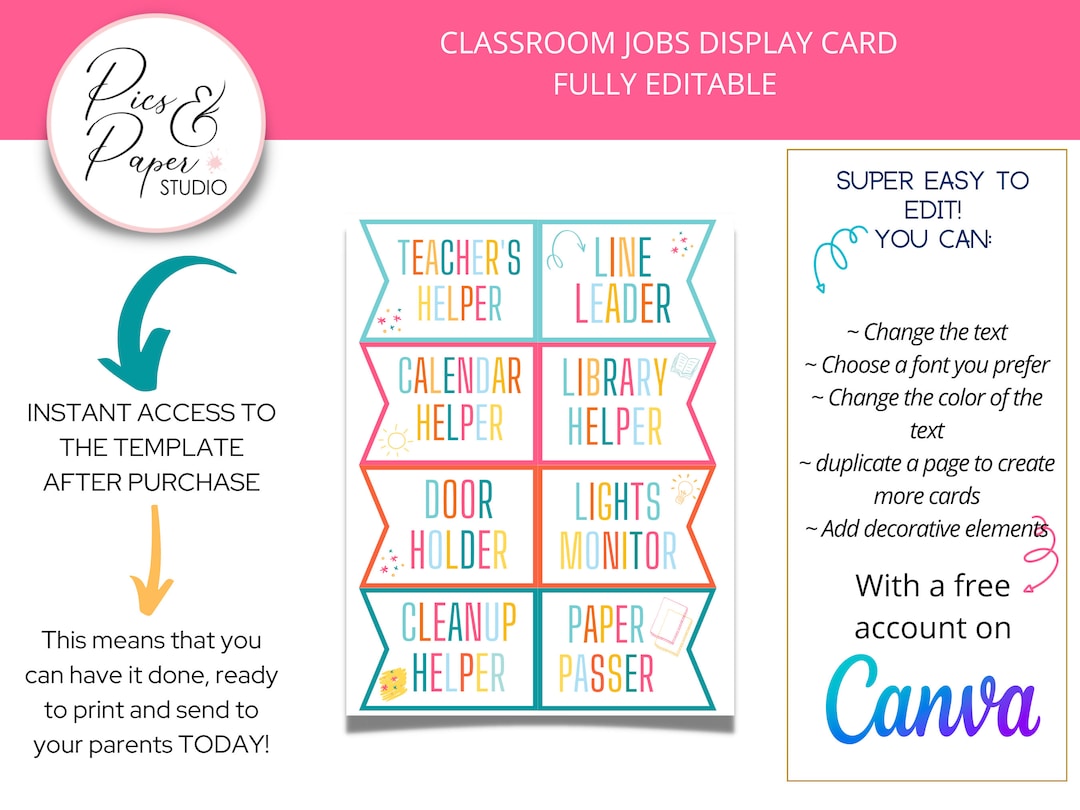 Classroom Jobs Editable Display Cards for the Class- Classroom ...
