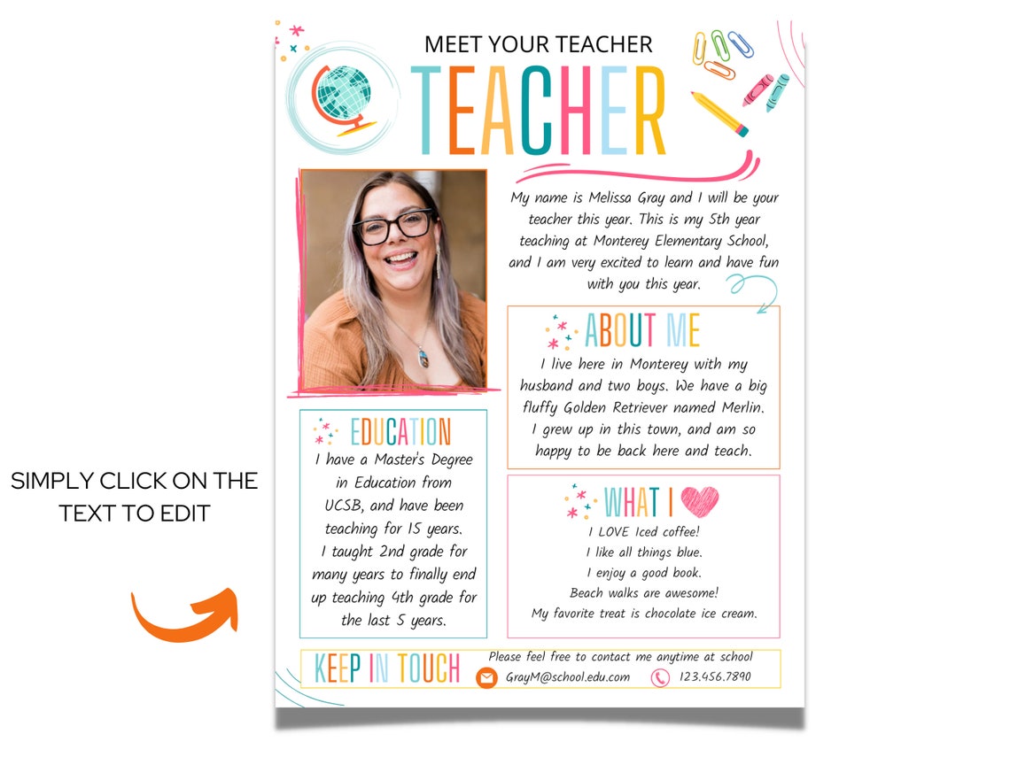 Meet Your Teacher Editable Template With Colorful Layout Back to School ...