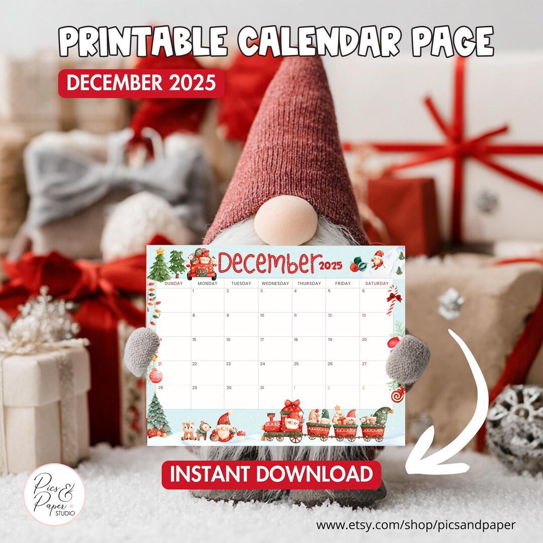 Printable December 2025 Calendar Page With Winter Gnomes and Christmas ...