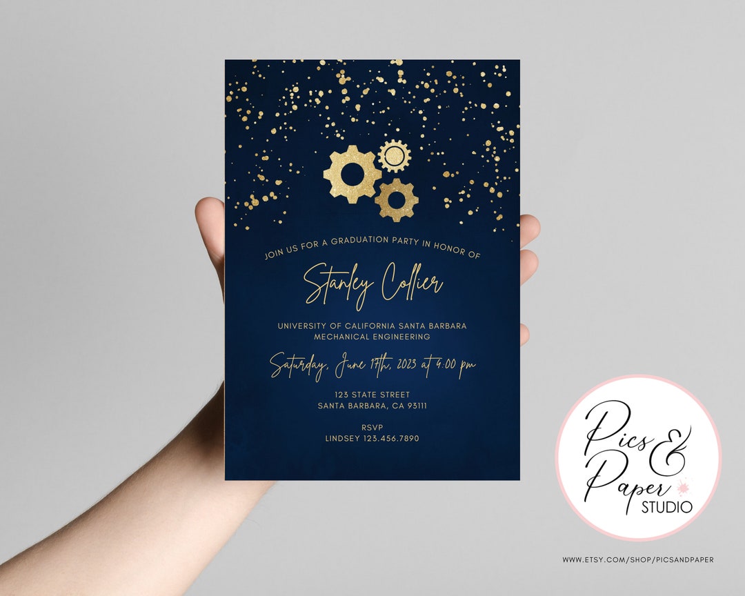 Mechanical Engineering Graduation Announcement in Navy and Gold With ...