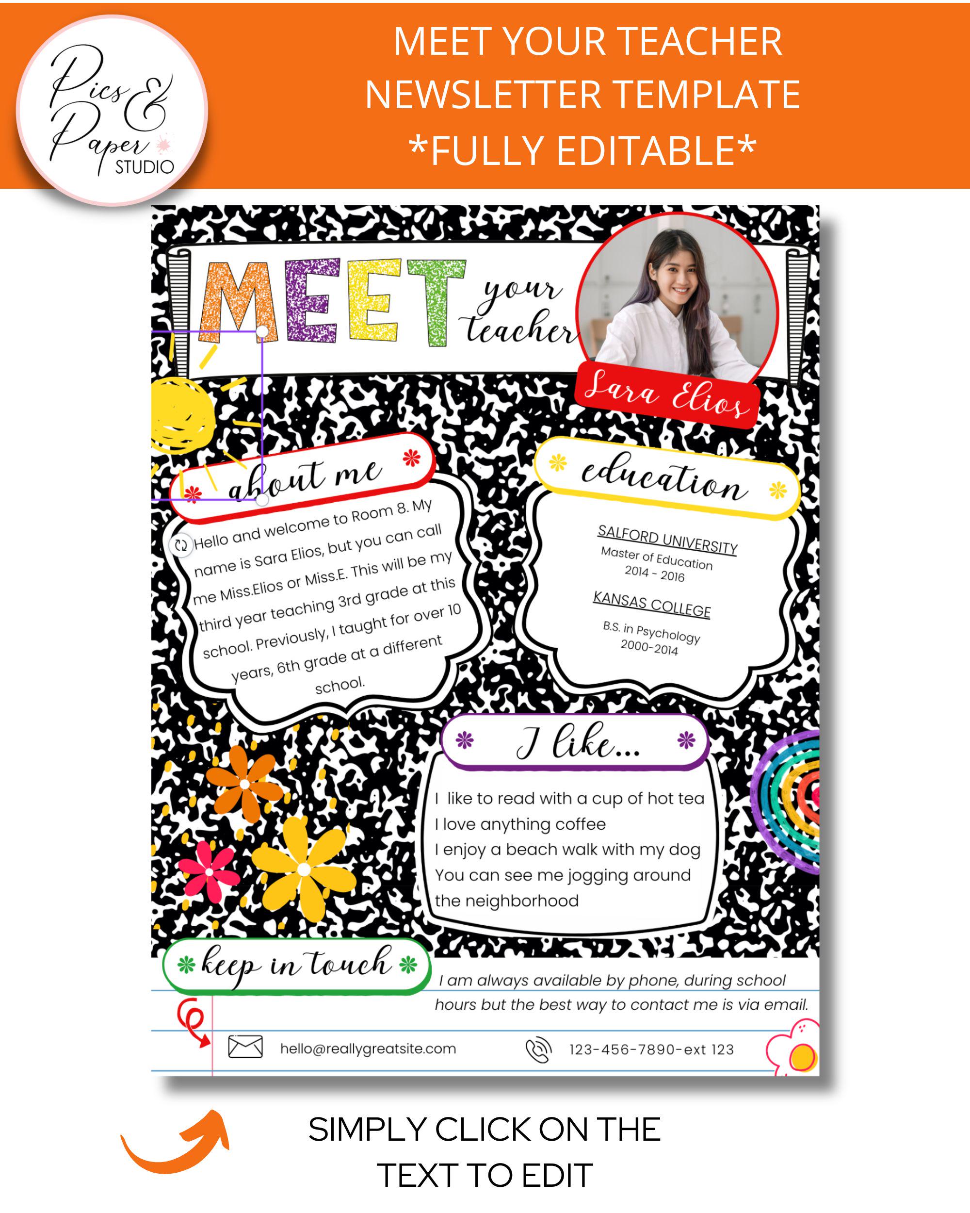 Meet Your Teacher Editable Template With Composition Book Layout Back ...