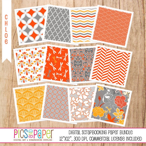 Items similar to Digital Scrapbook paper in orange and grey with 12 ...