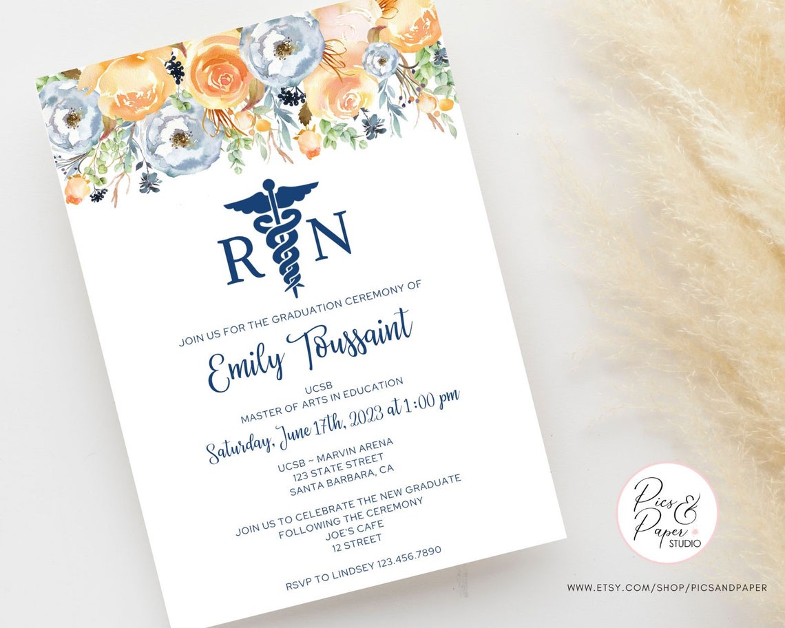 Nursing School Graduation Announcement RN Peach and Blue Flowers ...