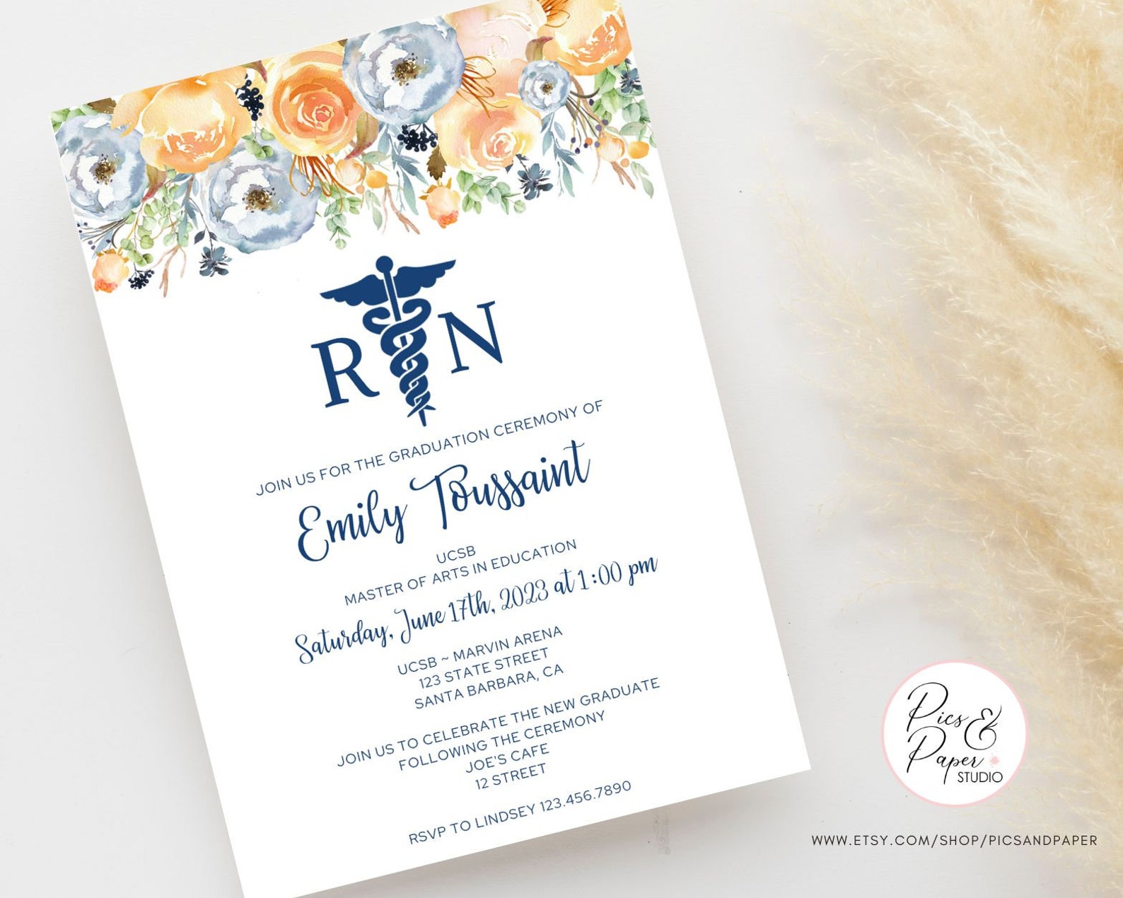 Nursing School Graduation Announcement RN Peach and Blue Flowers ...