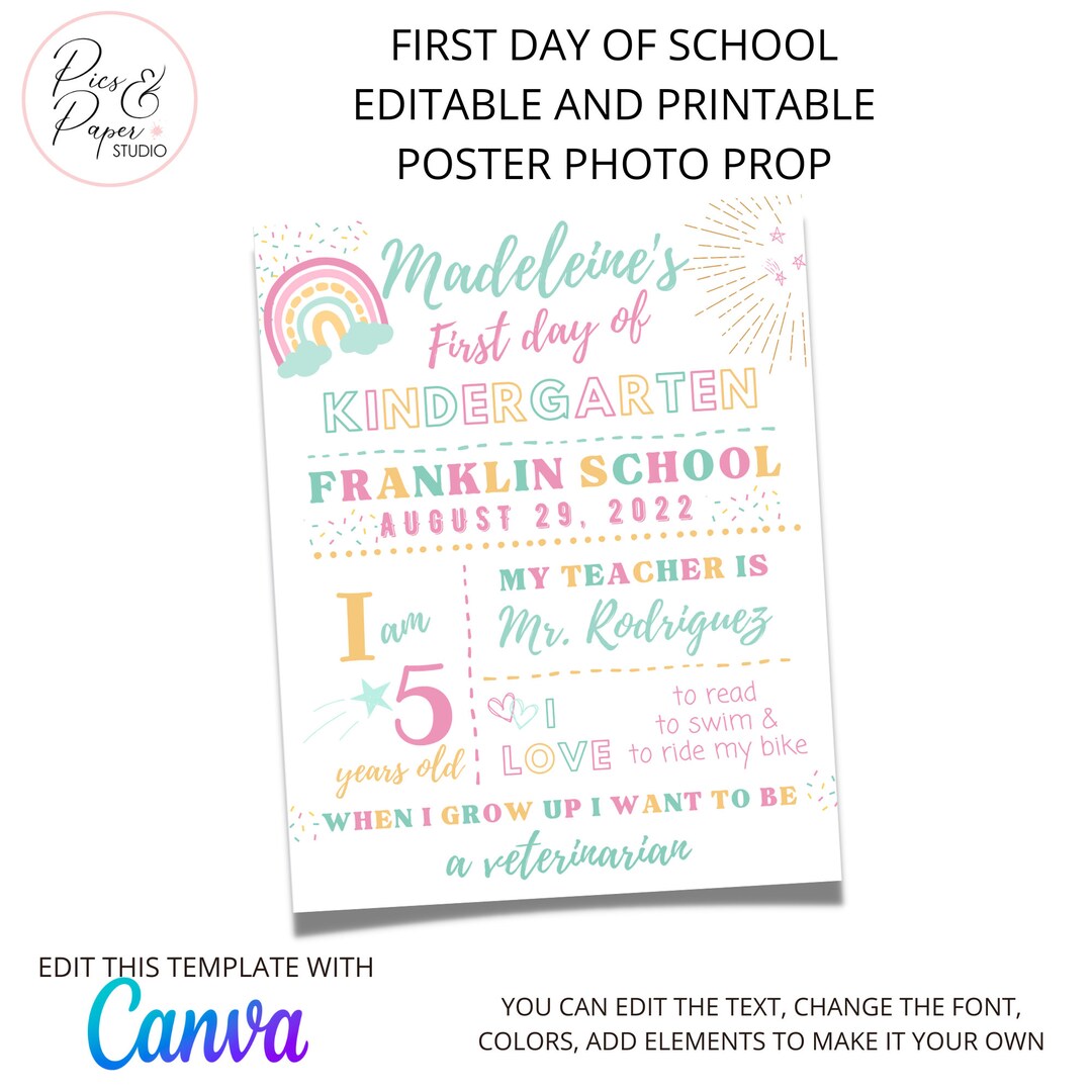 First Day of School/ Personalized Poster, Photo Prop, Pastel Colors ...