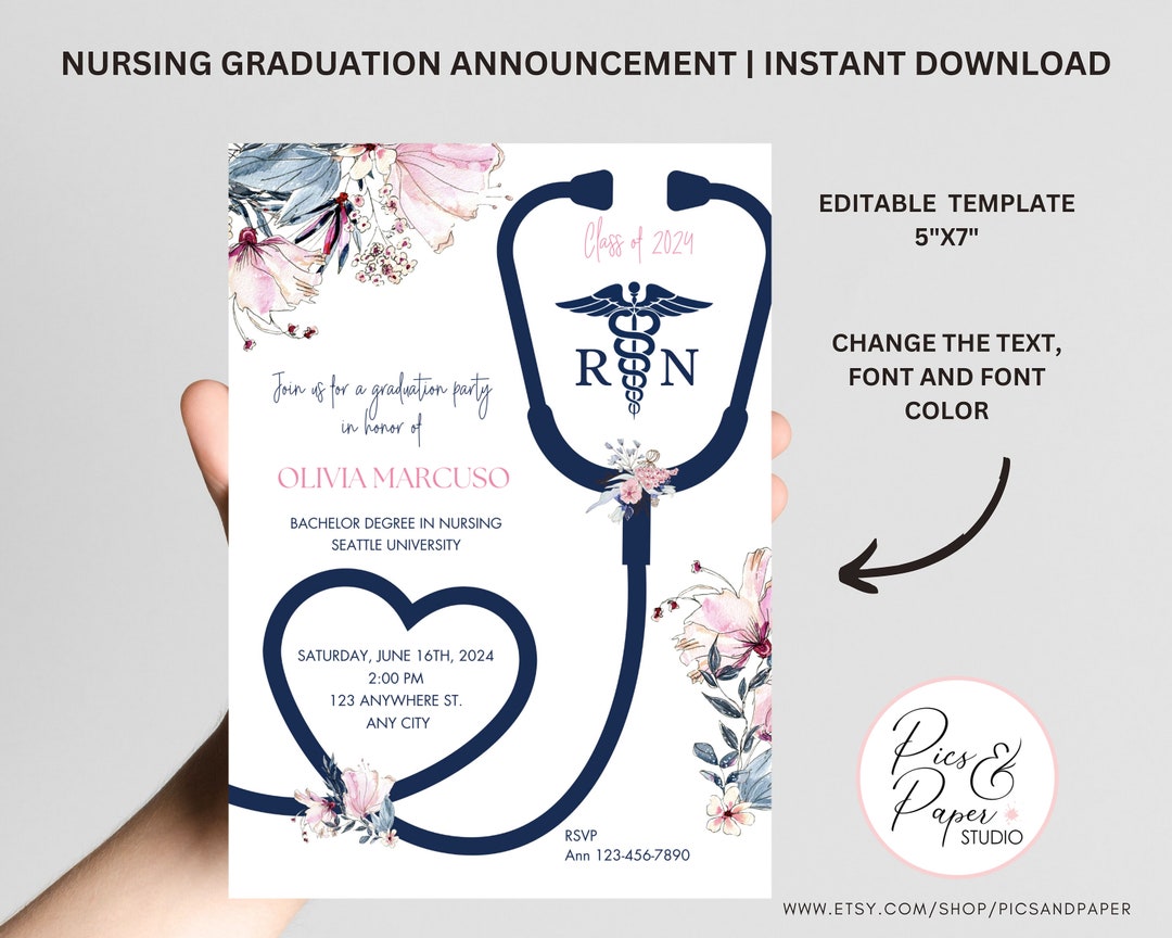 RN Nursing School Graduation Announcement | Pinning Ceremony, Navy and ...