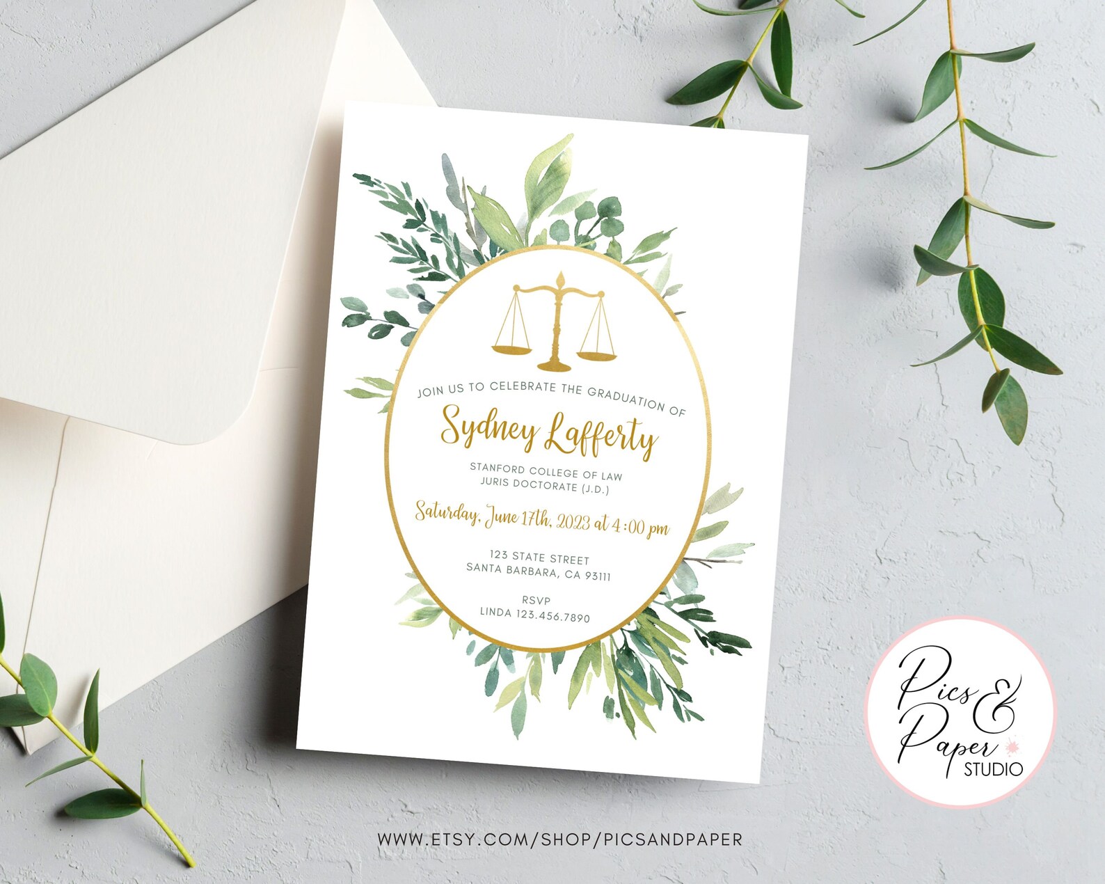 Law School Graduation Ceremony Announcement Invitation Watercolor ...