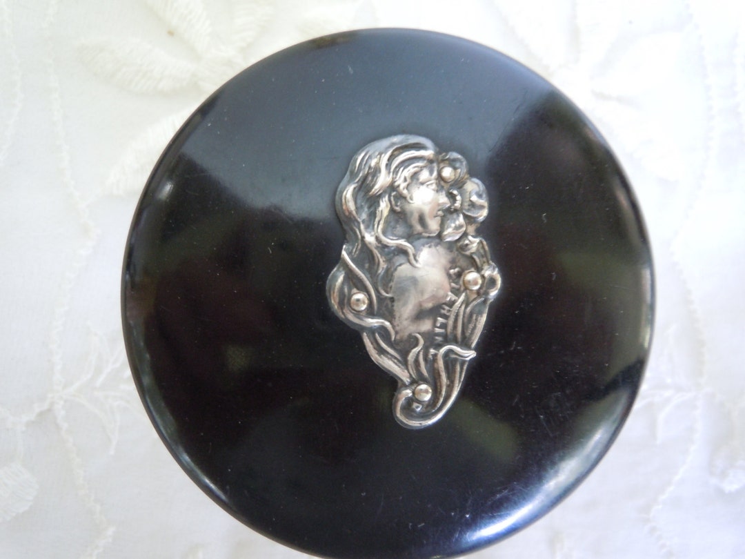 Vintage Black Bakelite Jar With Sterling Silver Art Nouveau Lady ...