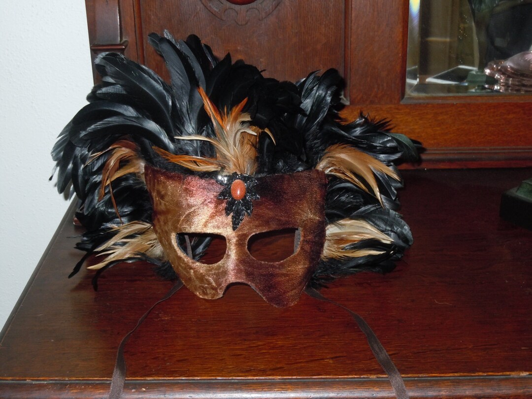 Vintage Large Masquerade Mask with Black & Brown Feathers handmade ...
