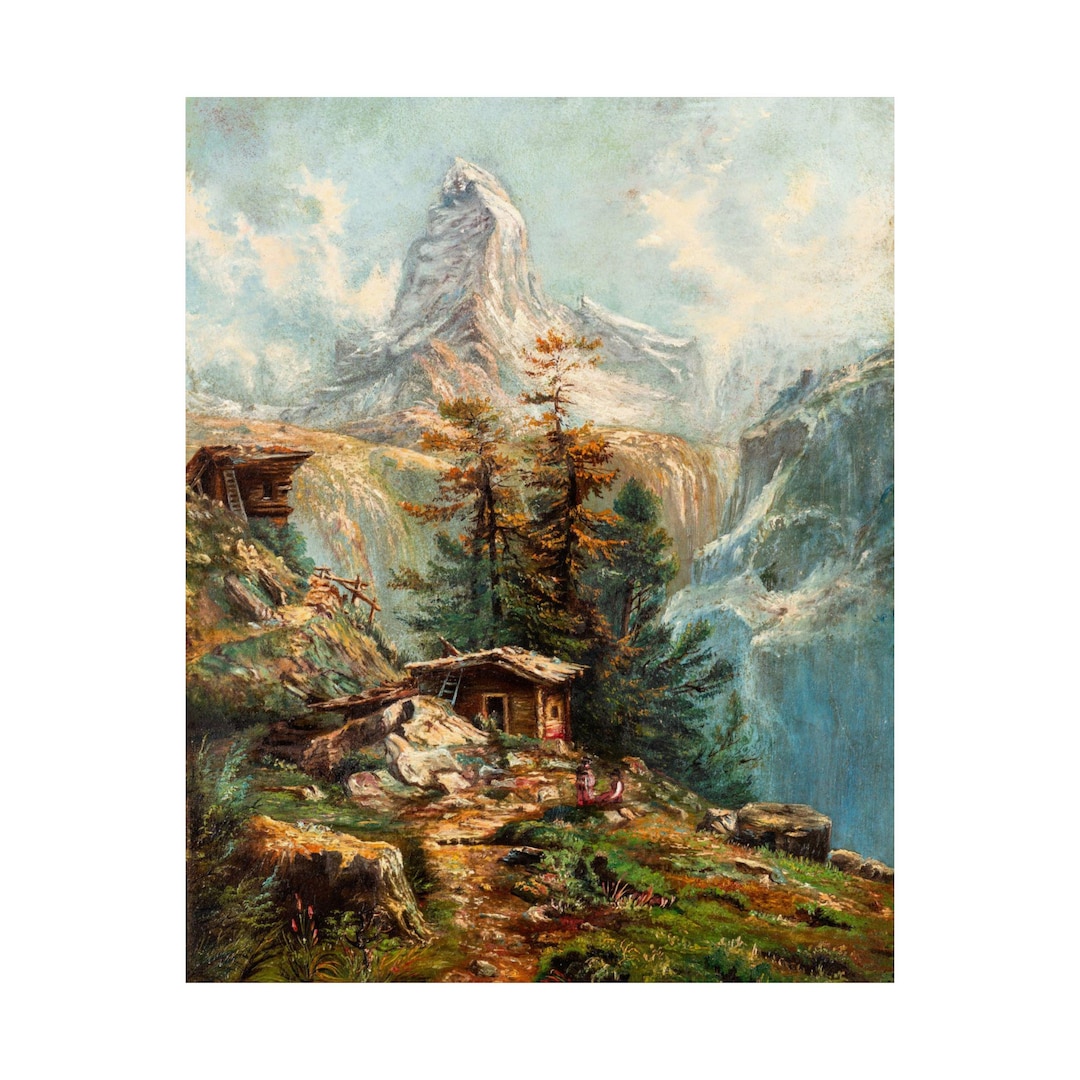 Vintage Log Cabin Oil Painting: Rustic Mountain Landscape Art Print - Etsy