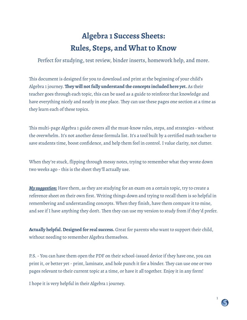 Algebra 1 Success Sheets - Etsy