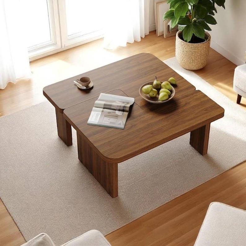 Mid-century Modern Expandable Coffee Table, 2-in-1 Wood Walnut Center ...