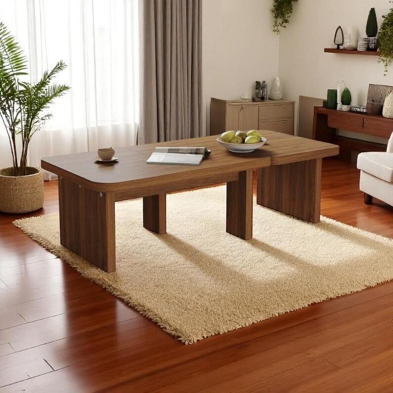 Mid-century Modern Expandable Coffee Table, 2-in-1 Wood Walnut Center ...