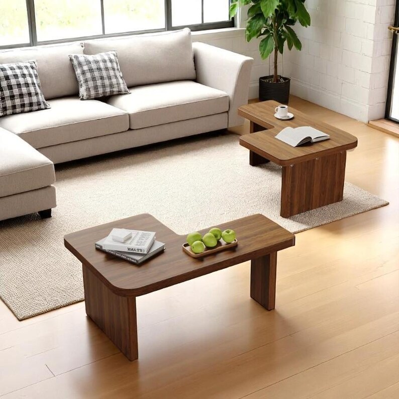 Mid-century Modern Expandable Coffee Table, 2-in-1 Wood Walnut Center ...