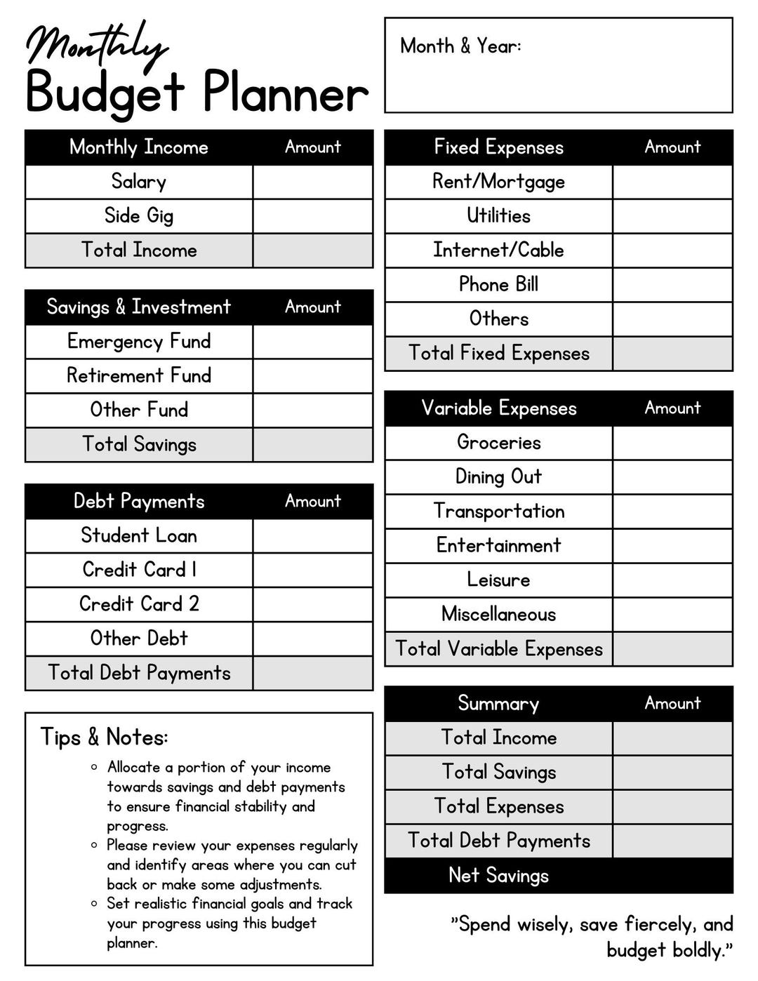 Printable Monthly Budget Planner | Expense Tracker, Bill Organizer ...