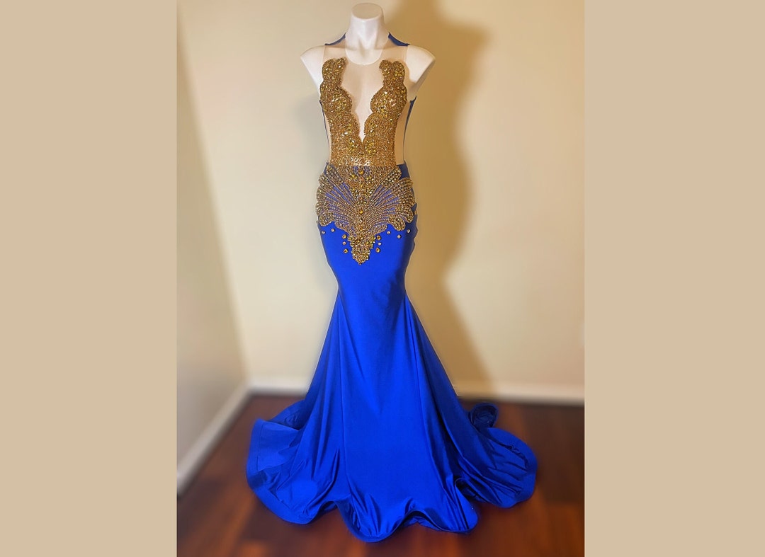 Royal Blue Mermaid Prom Dress With Gold Rhinestones - Etsy