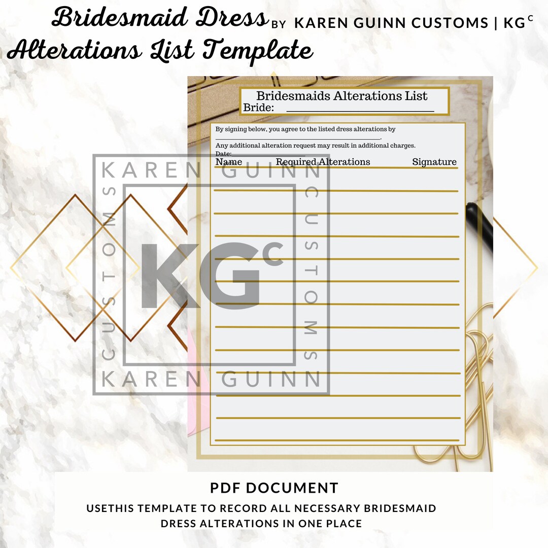 Dress Alterations List Template for Bridesmaids - Etsy