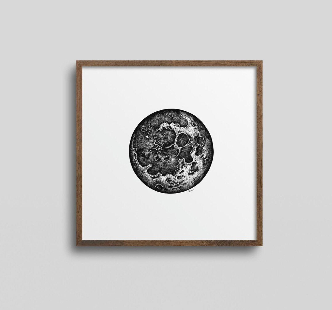 Full Moon Drawing: Black and White Digital Art Print (digital Download ...