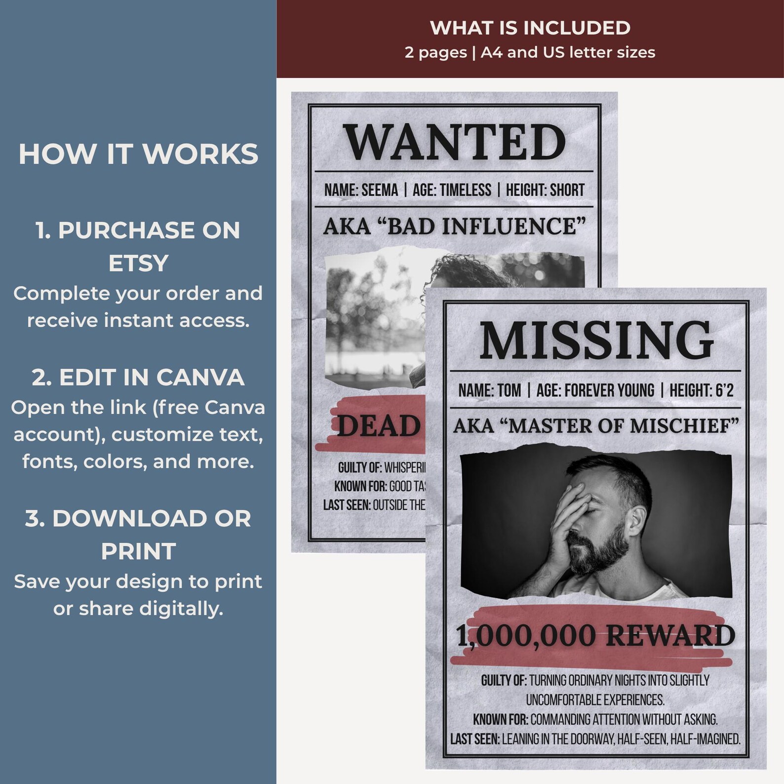 Wanted & Missing Person Poster Set: Halloween, Detective, Western Party ...