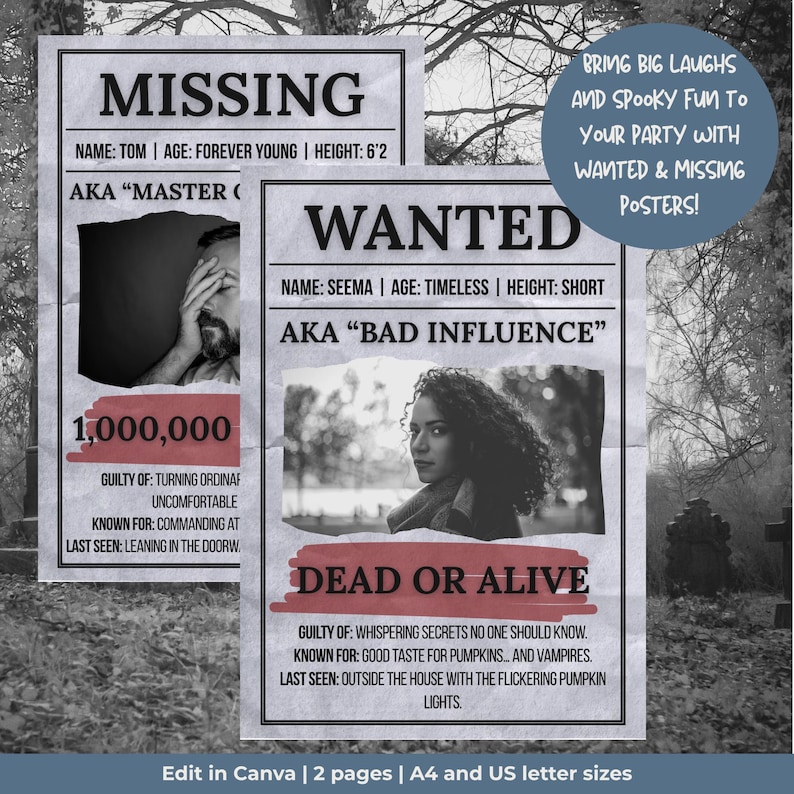 Wanted & Missing Person Poster Set: Halloween, Detective, Western Party ...