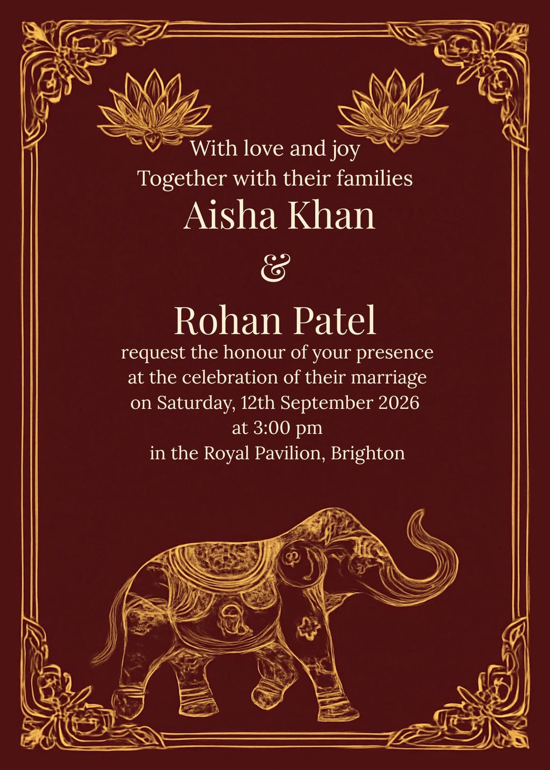 Indian Lotus & Elephant Wedding Invitation 5x7 Portrait | Editable ...