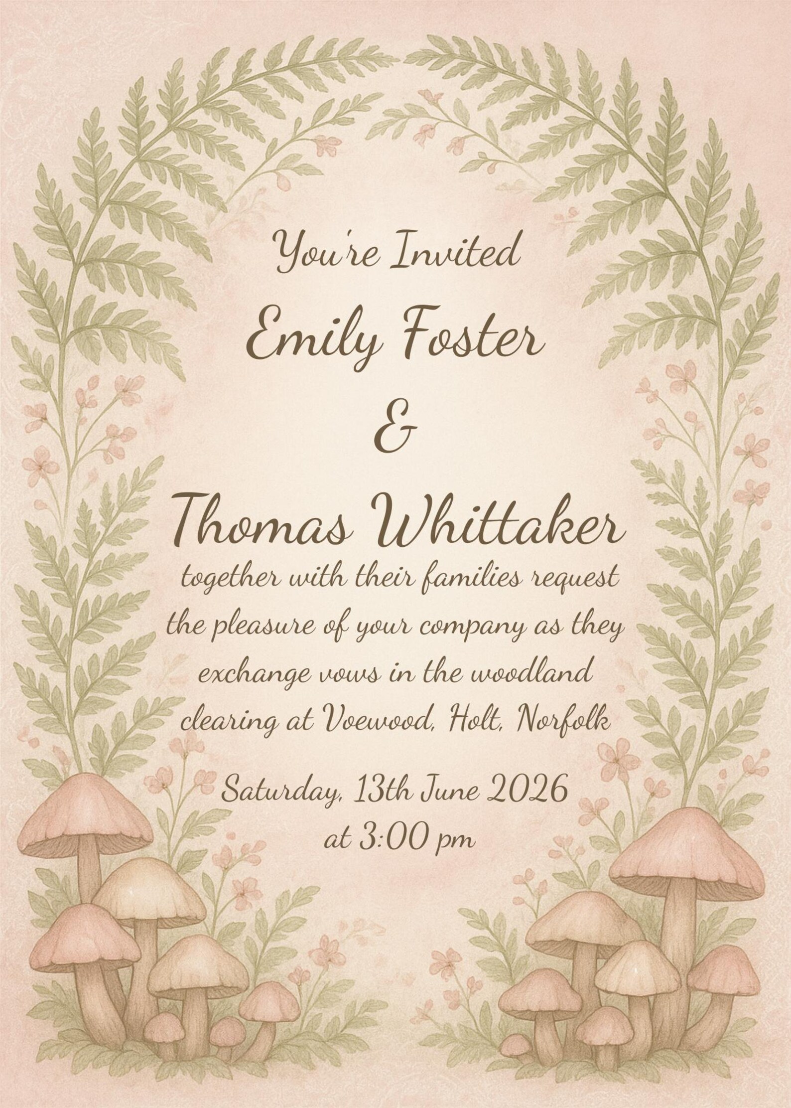 Cottagecore Mushroom & Fern Wedding Invitation 5x7 Portrait | Editable ...