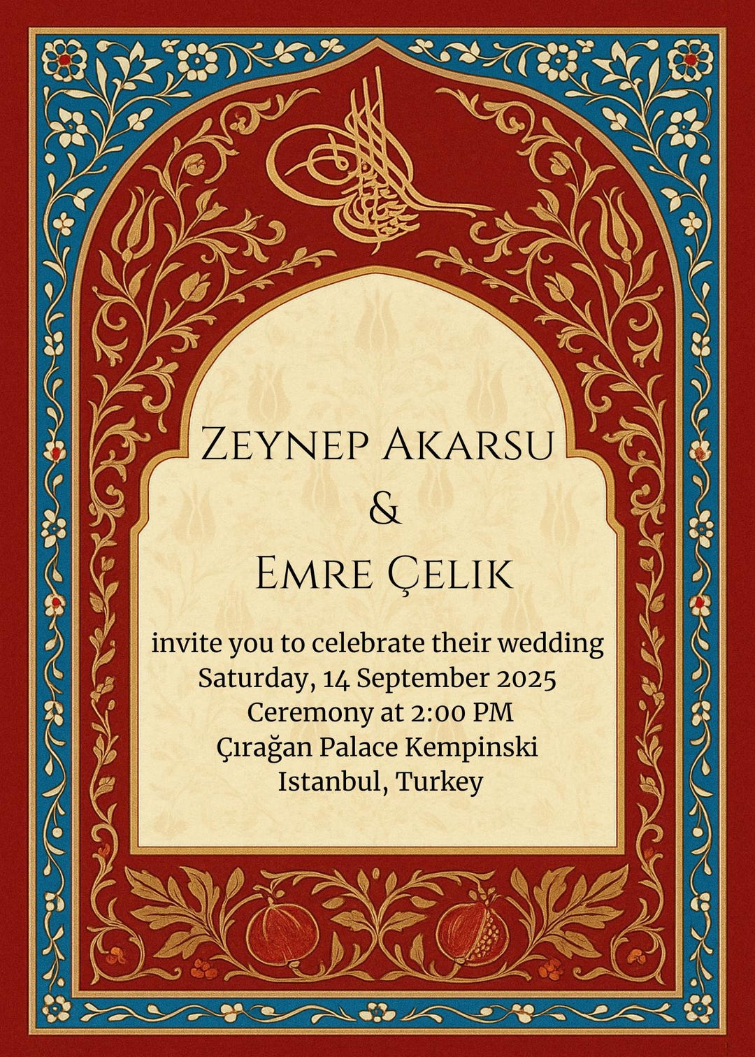 Turkish Ottoman Heritage Wedding Invitation 5x7 Portrait | Editable ...