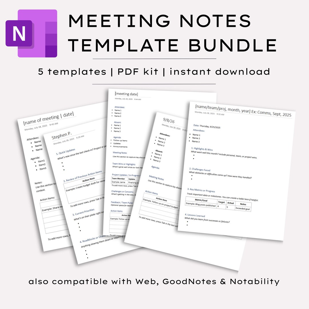 Onenote Meeting Notes Template Bundle One Note Templates Meeting Agenda ...