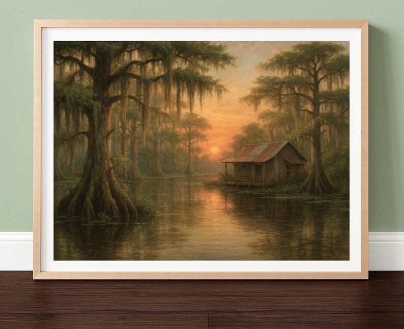 Bayou Sunset Print: Louisiana Swamp Art, Rustic Cypress Cabin (digital ...