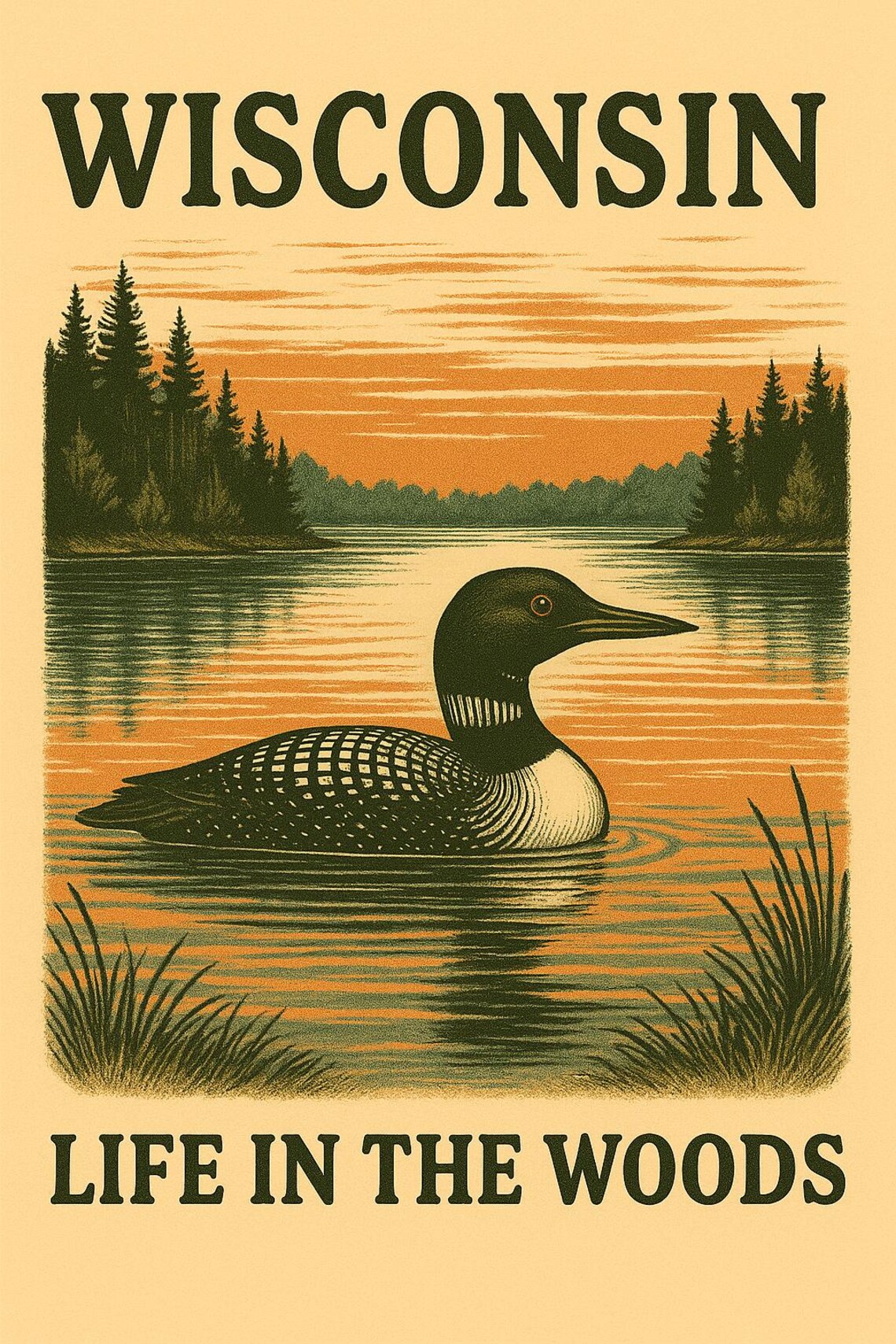 Wisconsin Loon Print, Digital Download, Vintage Outdoors Art, Rugged ...