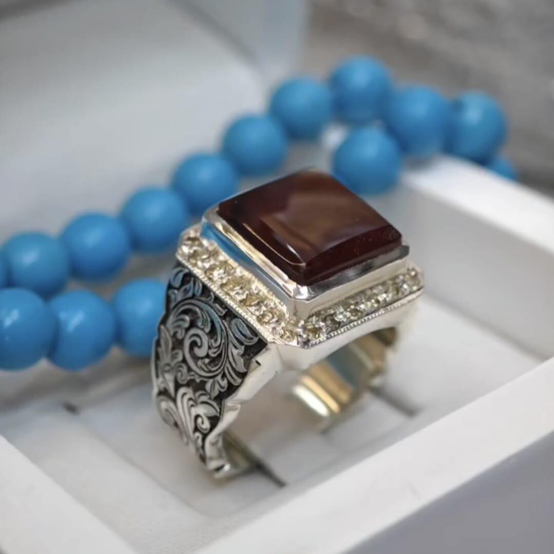 Square Aqeeq Agate Ring: Handmade Sterling Silver 925, Art Deco Style ...