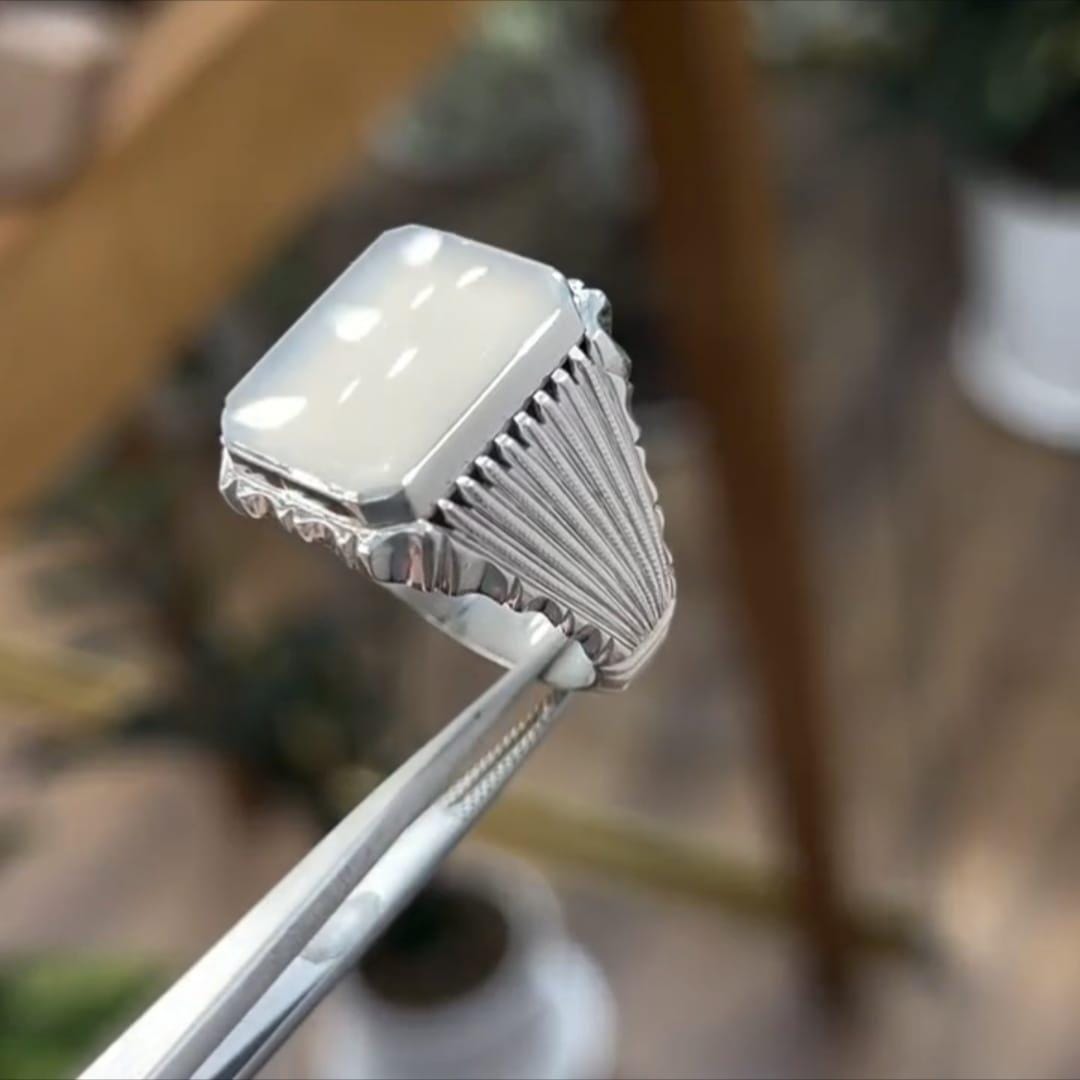 Handmade Sterling Silver 925 Aqeeq Ring: Square White Agate Stone - Etsy