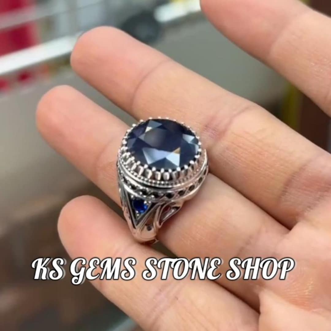 Neelam Sapphire Ring: Sterling Silver Mens Agate Art Deco Ring - Etsy