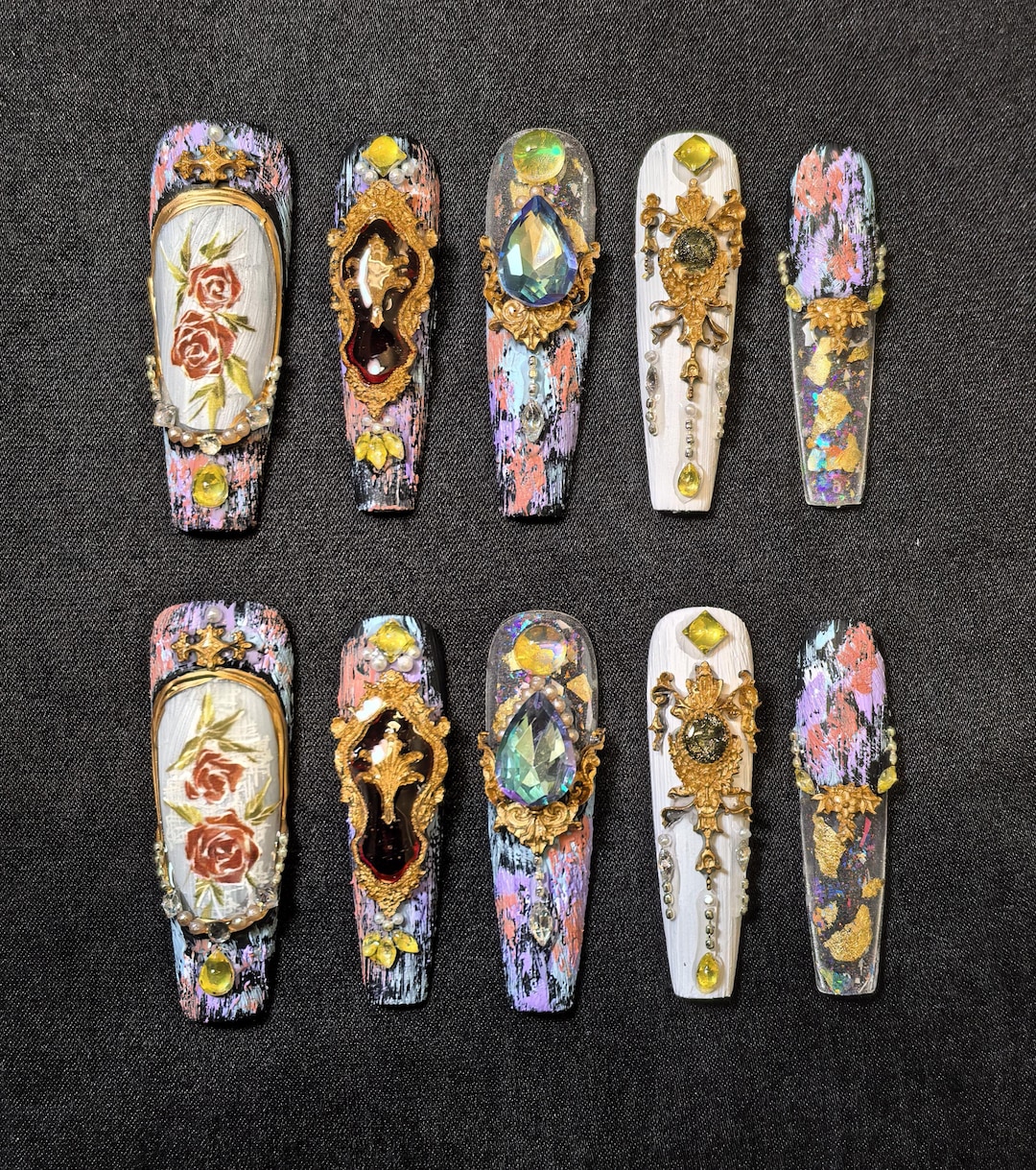 Artistic 3D Baroque Nails in an Oil Painting Style, Vintage Frames and ...