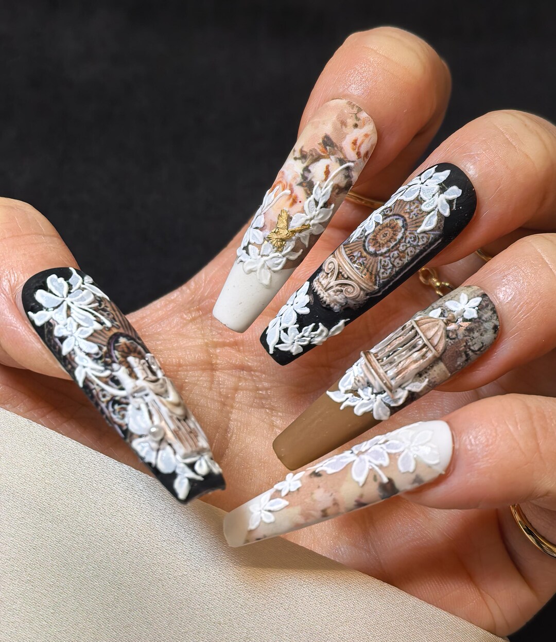 Handmade Beige & Black Baroque 3D Nails With Flowers and Retro Cage ...