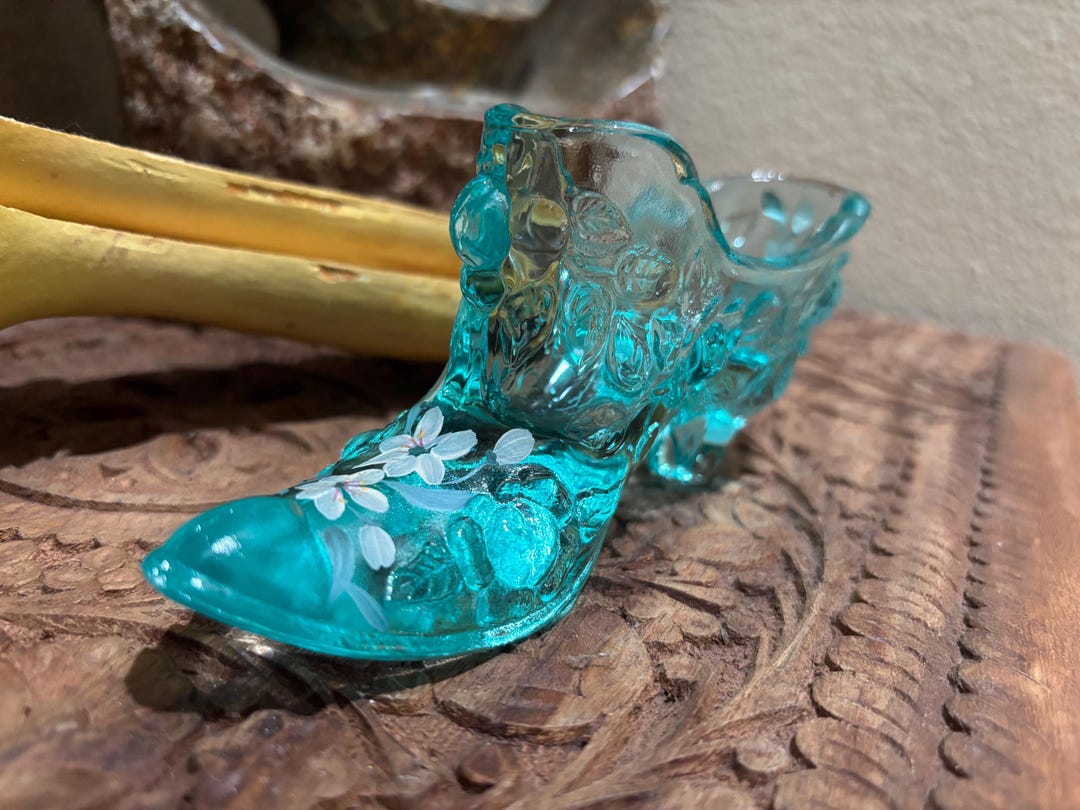 Fenton Aqua Blue Glass Shoe – Daisy and Button Slipper – Hand Painted ...