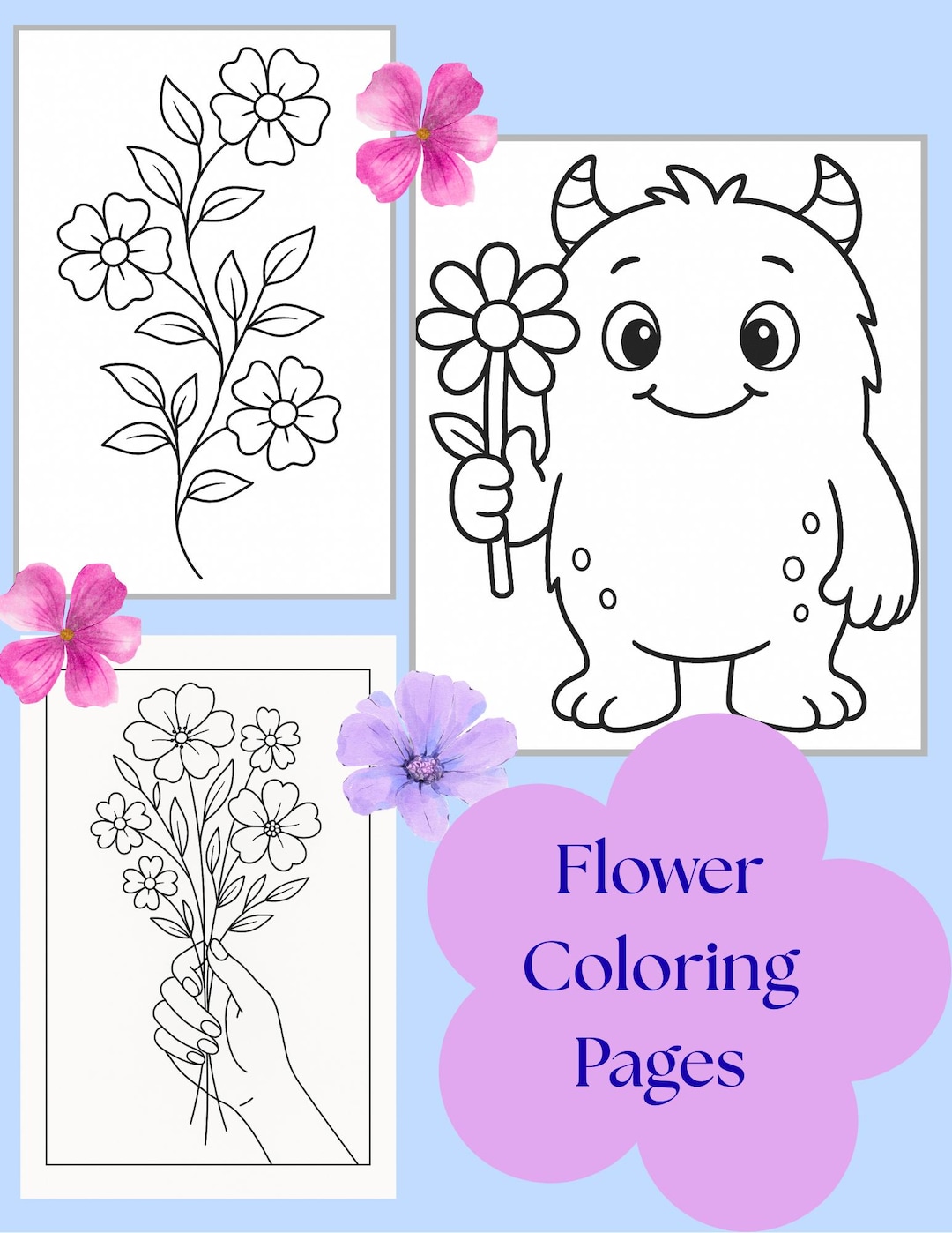 Flower Coloring Pages: Relaxing Floral Art, Printable Designs (digital ...