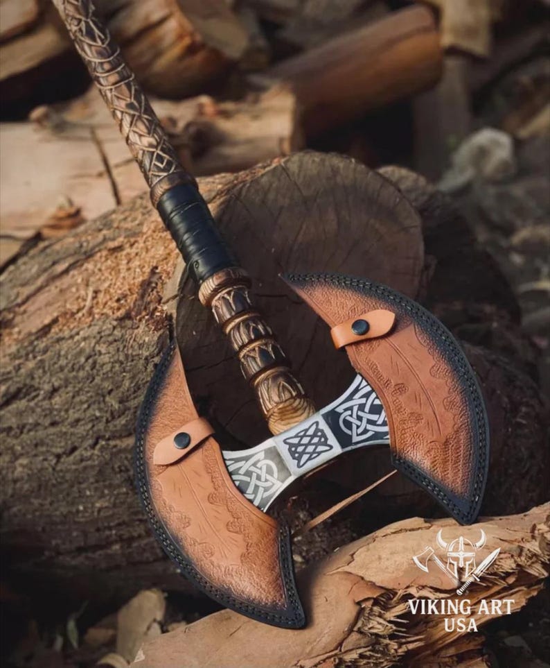 Custom Double Headed Axe With Leather Sheath | Hand Forged Carbon Steel ...
