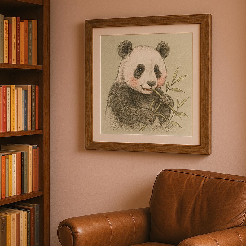 Panda Sketch Wall Art Printable, Square Bamboo Panda Print, Black and ...