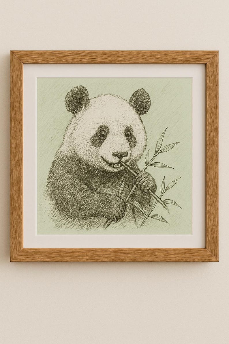 Panda Sketch Wall Art Printable, Square Bamboo Panda Print, Black and ...