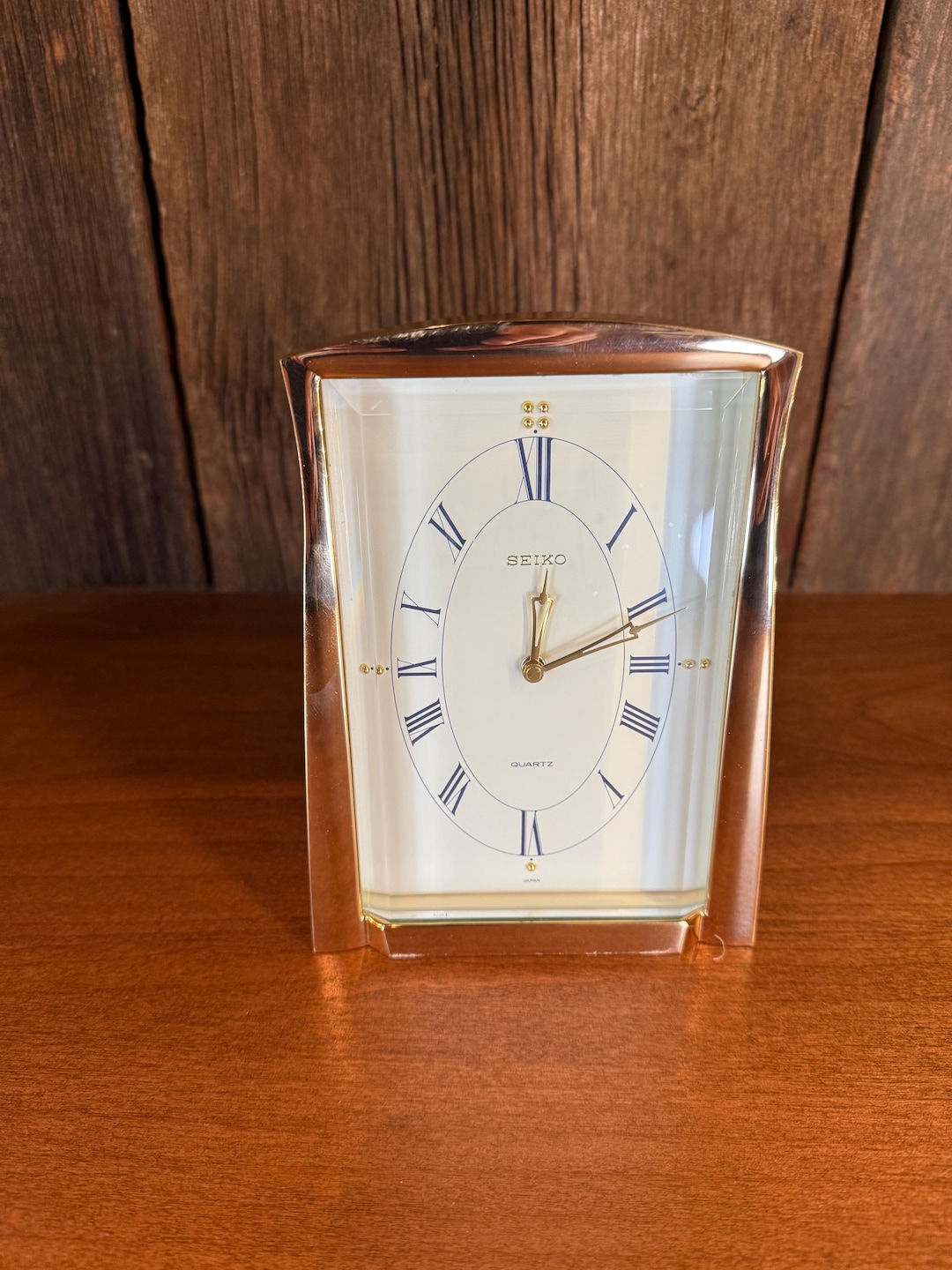 Vintage Seiko Quartz Desk Clock: Gold Tone Brass, Beveled Glass (runs ...