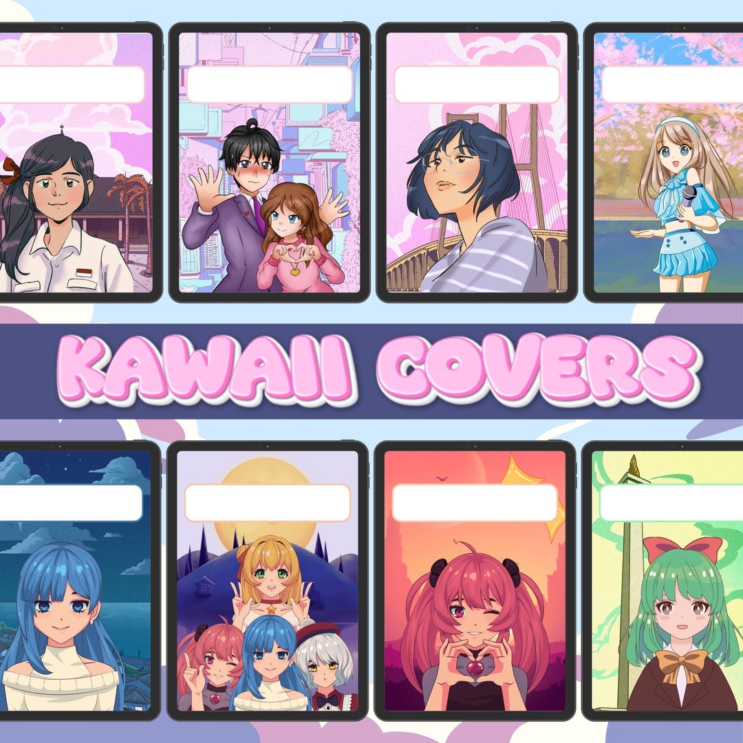 Kawaii Notebook Covers Digital - Cute Anime Covers for Goodnotes, iPad ...