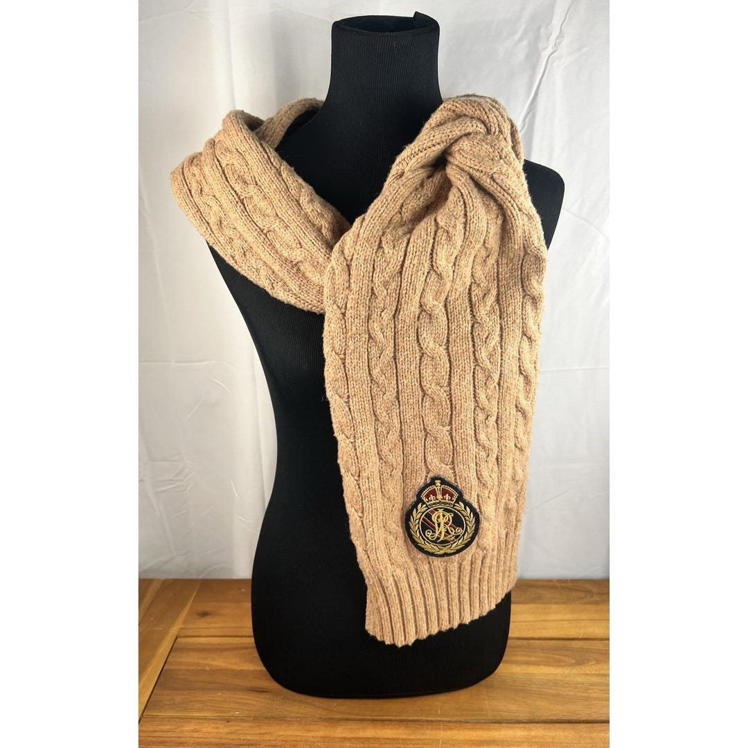 Ralph Lauren Cable Knit Wool Blend Scarf in Camel Crest Logo Preppy ...