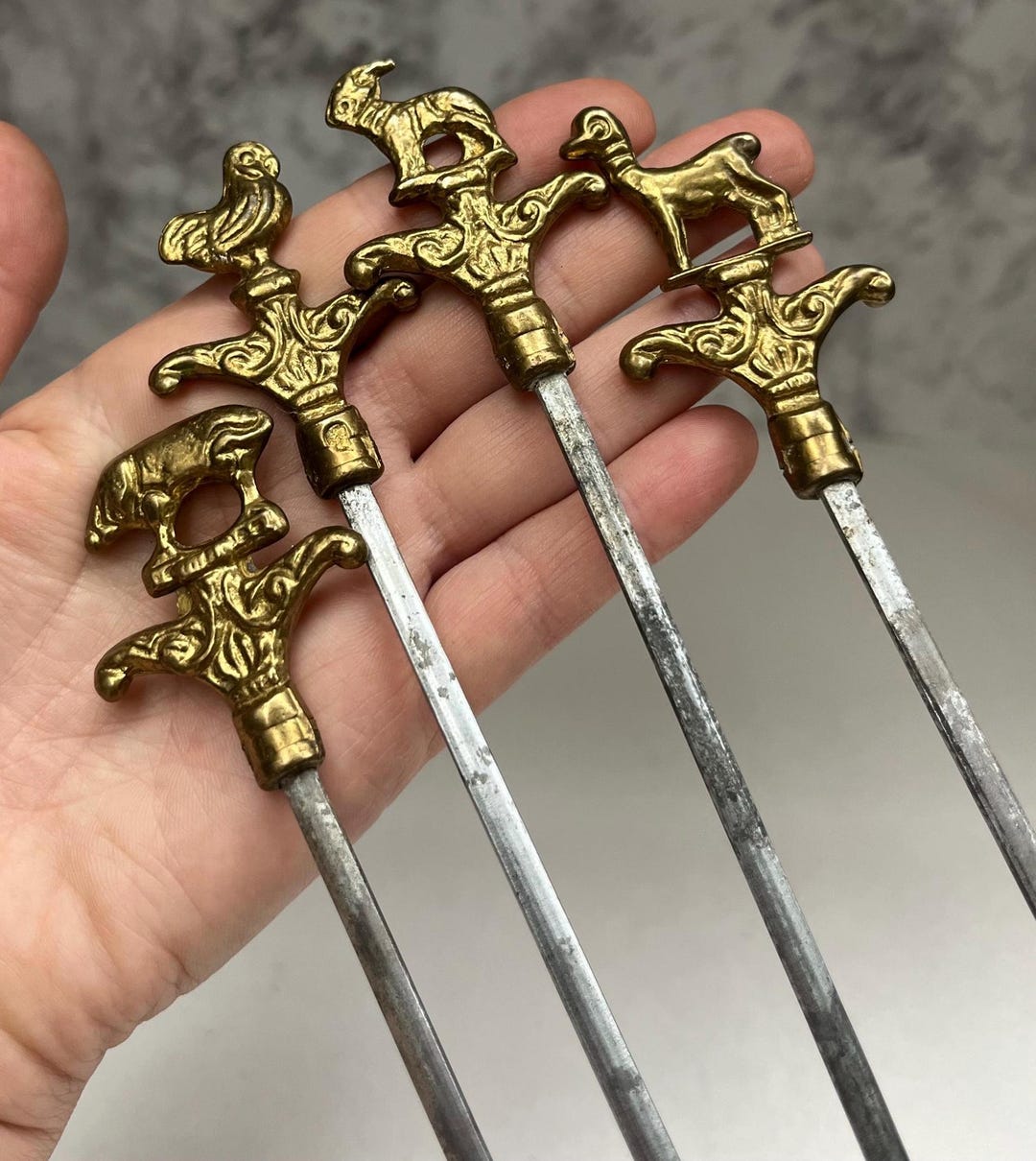 Vintage Shish Kebab Skewers, Brass Animal Tops (set of 4) - Etsy