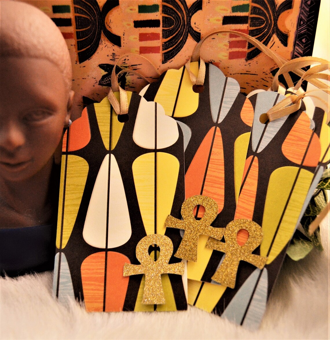 Embossed Teardrop Gift Tags: African Print With Gold Glitter Ankhs - Etsy