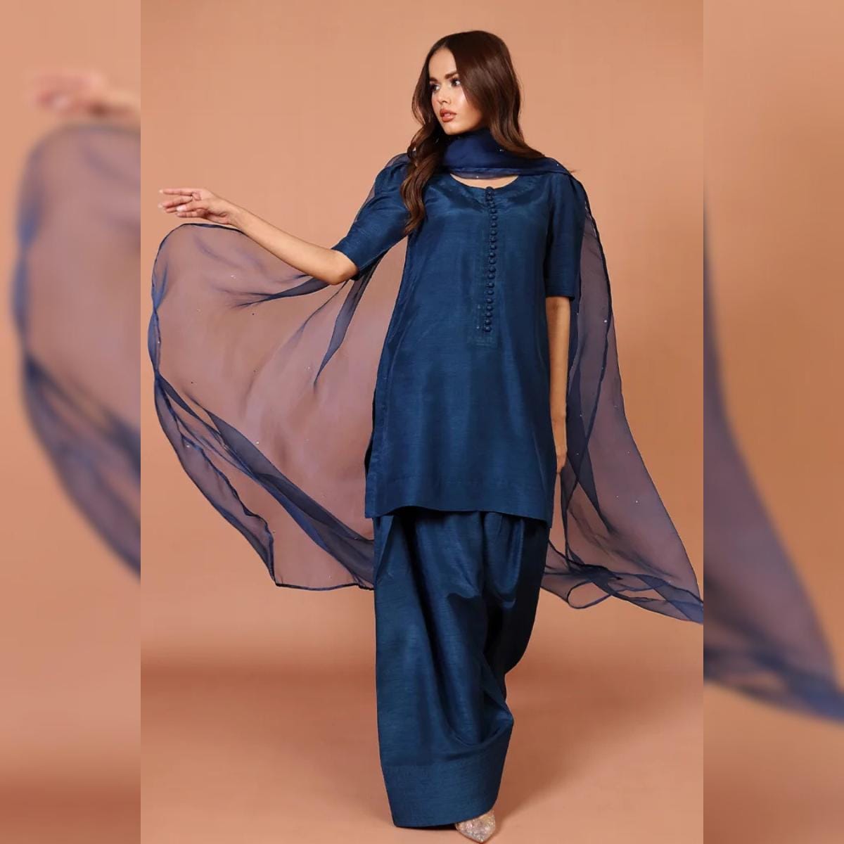 Korean Silk Deep Black Farshi Shalwar Kameez- Pakistani Indian Designer ...