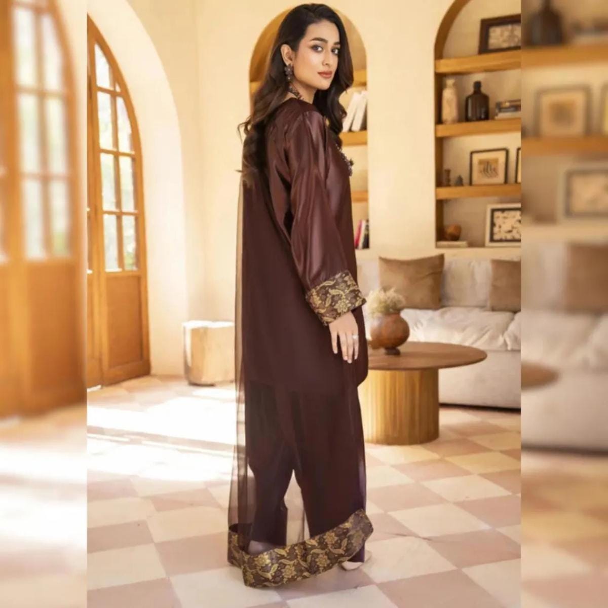 Pakistani Brown Farshi Shalwar Suit Designer Dress 3PC Women Shalwar Kameez Silk Partywear ...
